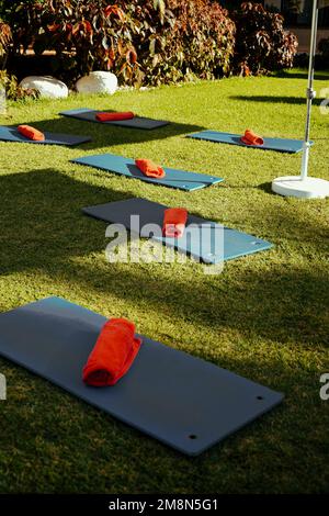 Outdoor yoga, pilates or stretching, many outdoor grass mats, sports ...