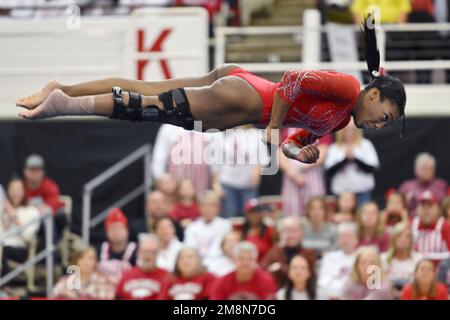 Arkansas gymnast Frankie Price competes on the bars against Alabama ...