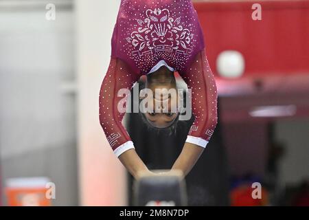 Alabama gymnast Lillian Lewis competes on the beam against Arkansas ...