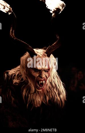 Klausen mask with burning horns in the dark, Erkheimer Klausen ...