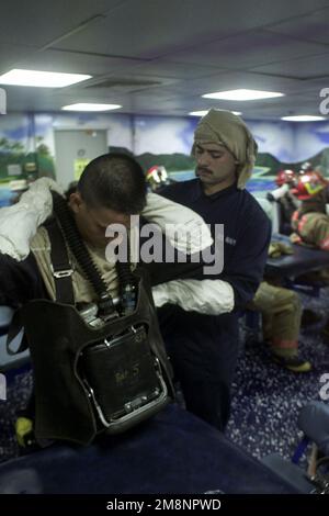 US Navy A fire fighting team works in the darkness to put out a ...