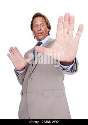 Hysterical man in suit. White background, full body Stock Photo - Alamy