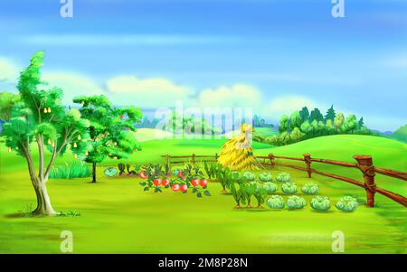 Haystack in the green garden on a sunny day. Digital Painting ...