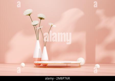 A 3D rendering illustration of common daisy flowers empty space podium ...
