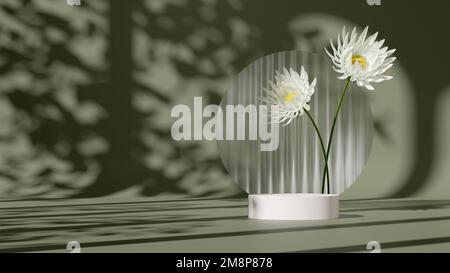A podium display with white daisy flowers on a solid green background ...