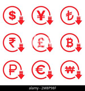 Cost reduction- decrease dollar euro icon. Vector symbol image isolated on background Stock ...