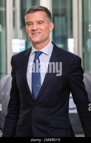 Transport Secretary Mark Harper speaks to the media outside BBC ...