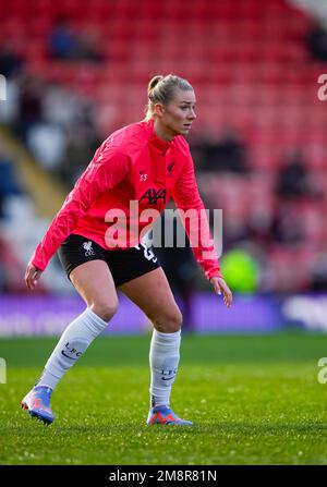 LIVERPOOL, ENGLAND - January 23: WSL corner flag with Goodison Park in ...