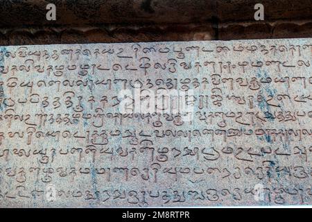 Tamil and Sanskrit inscriptions on the 11th century temple Stock Photo ...