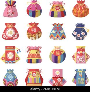Lucky bags. Cute traditional asian gift with ribbons, holiday festival ...