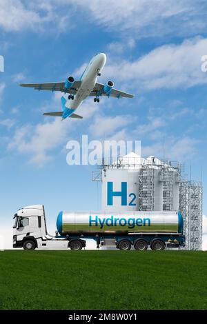 Airplane and hydrogen tank trailer. New energy sources Stock Photo - Alamy