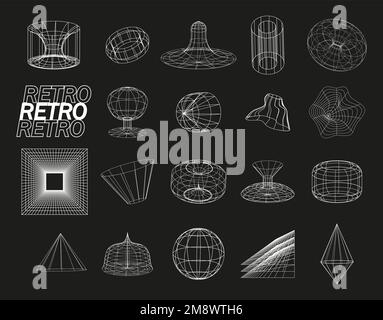 Wireframe perspective grids. Vector set of retro futuristic geometrical blueprint distorted ...