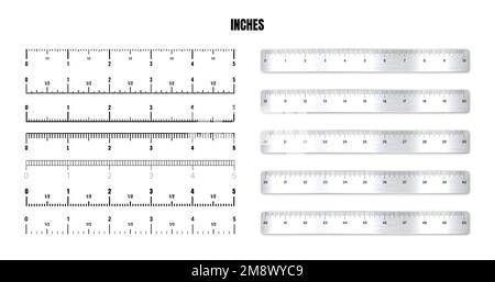 Realistic metal rulers with black inch scale for measuring length or ...