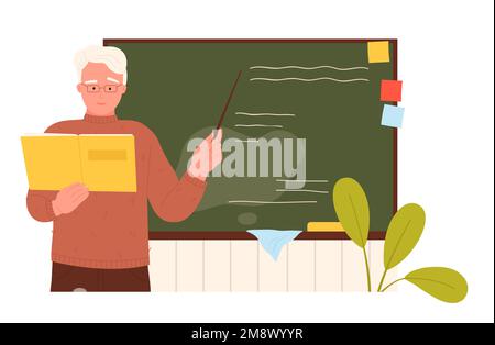 Male teacher standing at blackboard to explain science presentation ...