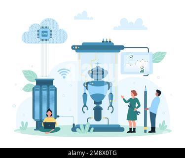 Cartoon tiny people building cyborg with electronic tools, software and ...