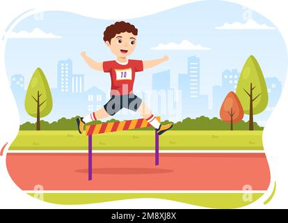 Kids Athlete Run Hurdle Long Jump Sportsman Game Illustration in ...