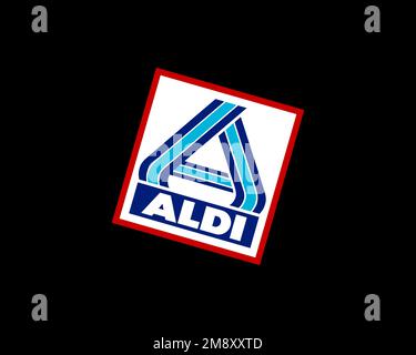 Aldi, rotated logo, black background Stock Photo - Alamy
