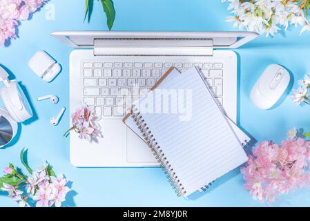Spring office workplace, blogging flat lay background. White laptop ...