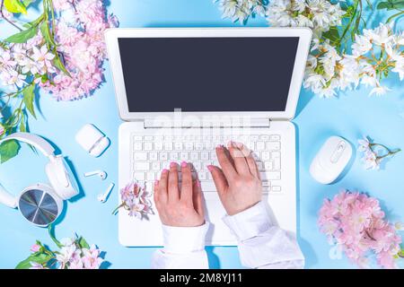 Spring office workplace, blogging flat lay background. White laptop ...