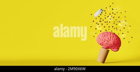 Floating human brain steaming coffee beans explosion cup 3D rendering ...
