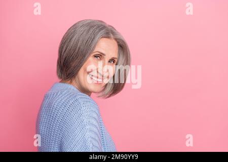 Portrait of adorable satisfied lady beaming smile arm fingers ...