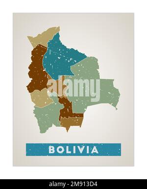 Bolivia map. Country poster with regions. Shape of Bolivia with country ...