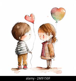 Watercolor Lovely Couple with Heart Balloon Stock Vector Image & Art ...