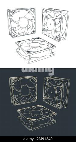 Stylized vector illustrations of blueprints of CPU water cooling block ...