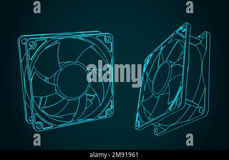 Stylized vector illustrations of blueprints of fans for CPU coolers and ...