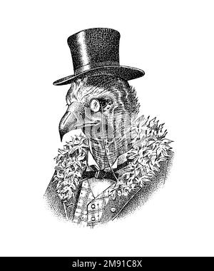Cinereous vulture character with monocle in a hat. Budgerigar or common ...