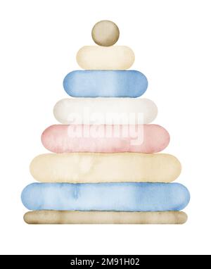 Toy pyramid tower on yellow background. Children education. Educational ...