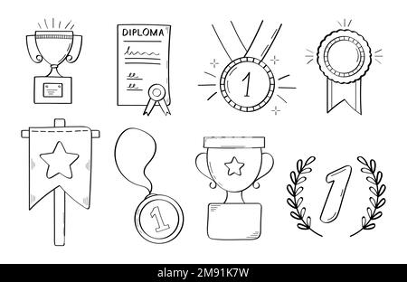 First place doodle icon. Medals and diploma vector. Awards, trophy cups ...