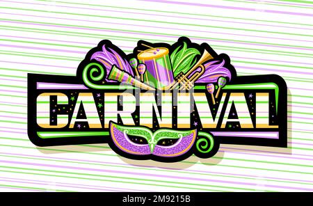 Vector banner for Carnaval, black horizontal sign with illustrations of ...