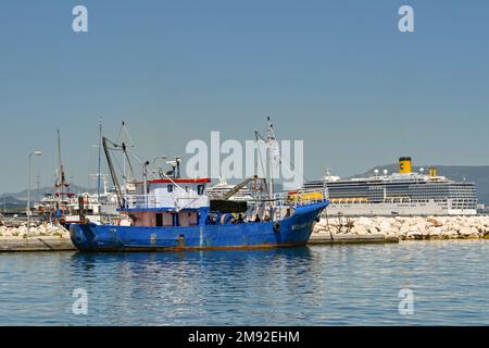 Corfu, Greece - June 2022: Fishing trawler docked in the town's harbour ...