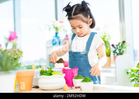 Happy little girl grow pot at home Stock Photo - Alamy