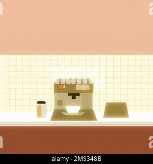 3D illustration of small coffee machine in stylish metal case on blue ...