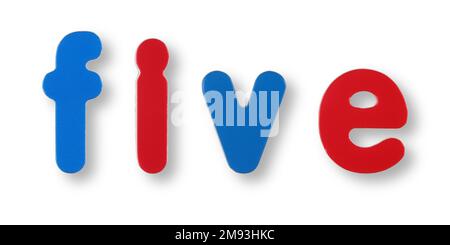 Five word in coloured magnetic letters on white with clipping path ...