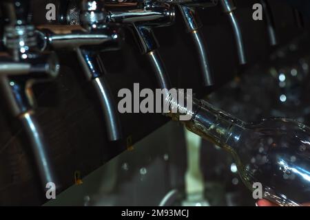 The hand of a bartender girl at a beer tap pours draft beer into a ...
