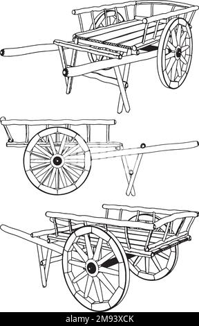 Garden wooden cart sketch. Old empty farm wheelbarrow. Agriculture ...