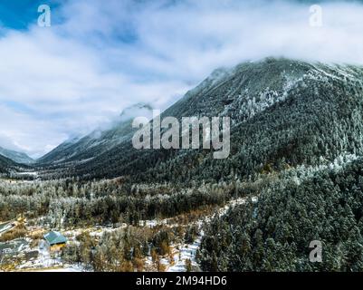 ABA, CHINA - JANUARY 15, 2023 - Aerial photo shows the Bipenggou scenic ...