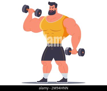 a big pumped-up man lifts dumbbells. classes in a sports club. pumping ...
