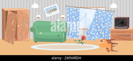 Old dirty living room with broken furniture. Vector cartoon ...