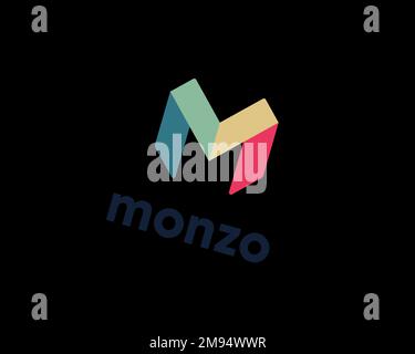 Monzo bank, rotated logo, black background Stock Photo - Alamy