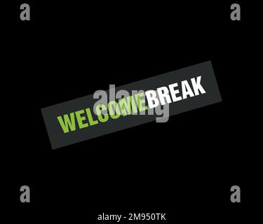 Welcome Break, rotated logo, black background B Stock Photo - Alamy