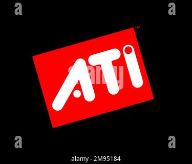 ATI Technologies, rotated, black background, logo, brand name Stock ...