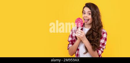 Hipster teenager child girl lick lollypop. Sugar nutrition, candy and ...