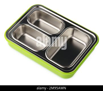 Metal lunch box with compartments on wooden background Stock Photo - Alamy