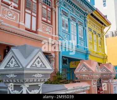 Decorative pier capping of fence in front of Peranakan shophouse on ...