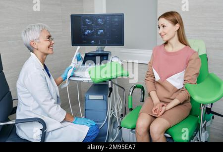 Doctor and female patient after transvaginal ultrasound examination ...