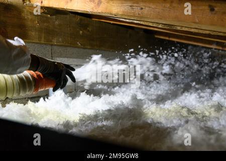 Insulation of an attic with cellulose wadding Stock Photo - Alamy